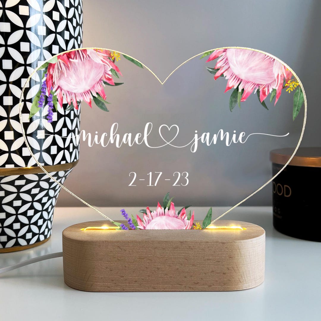 Personalized Couples Acrylic Heart Night Light With LED Base, Custom ...