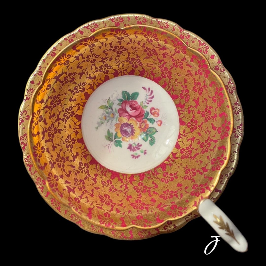 Royal Stafford Red Teacup Saucer Set: Vintage Gold Floral Chintz Fine ...