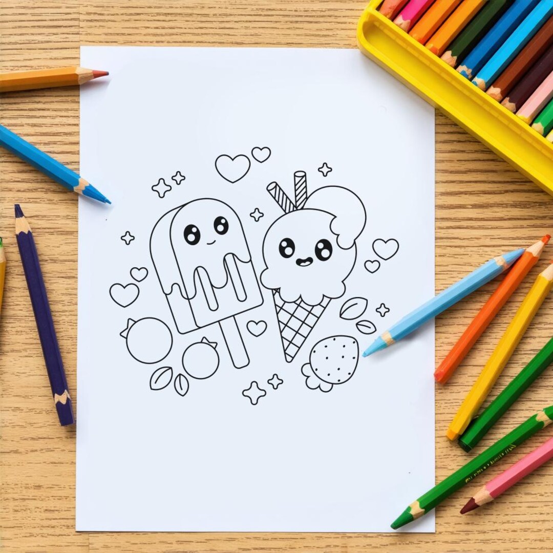Kawaii Ice Cream & Popsicle Coloring Page – Printable Digital Download ...