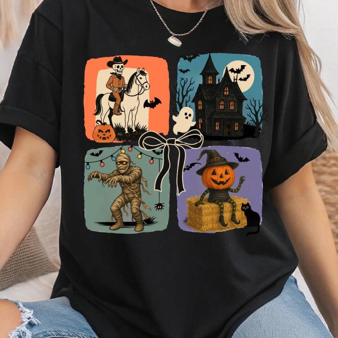 Retro Halloween PNG: Cowboy Skeleton, Mummy, Haunted House (instant ...