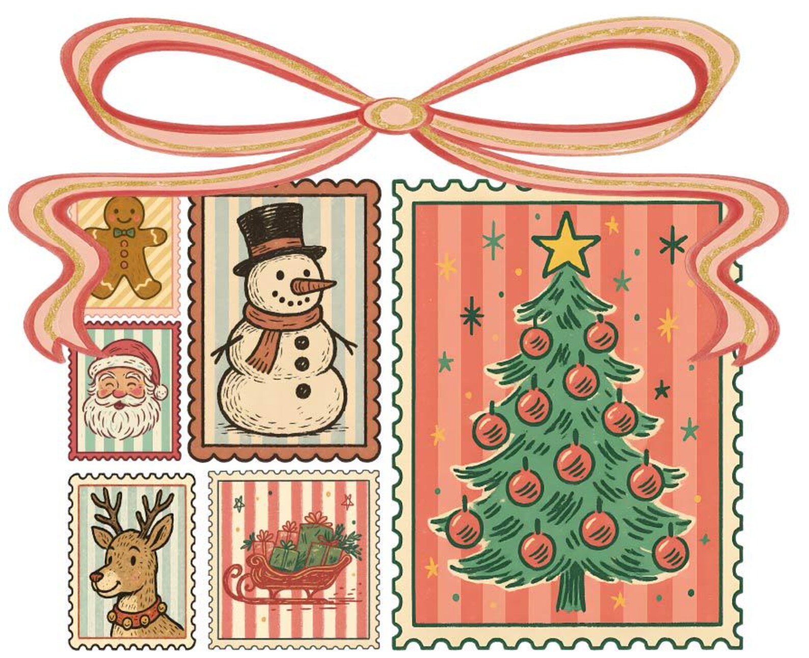Preppy Christmas Postage Stamp Collage PNG | Vintage Glitter Coquette ...
