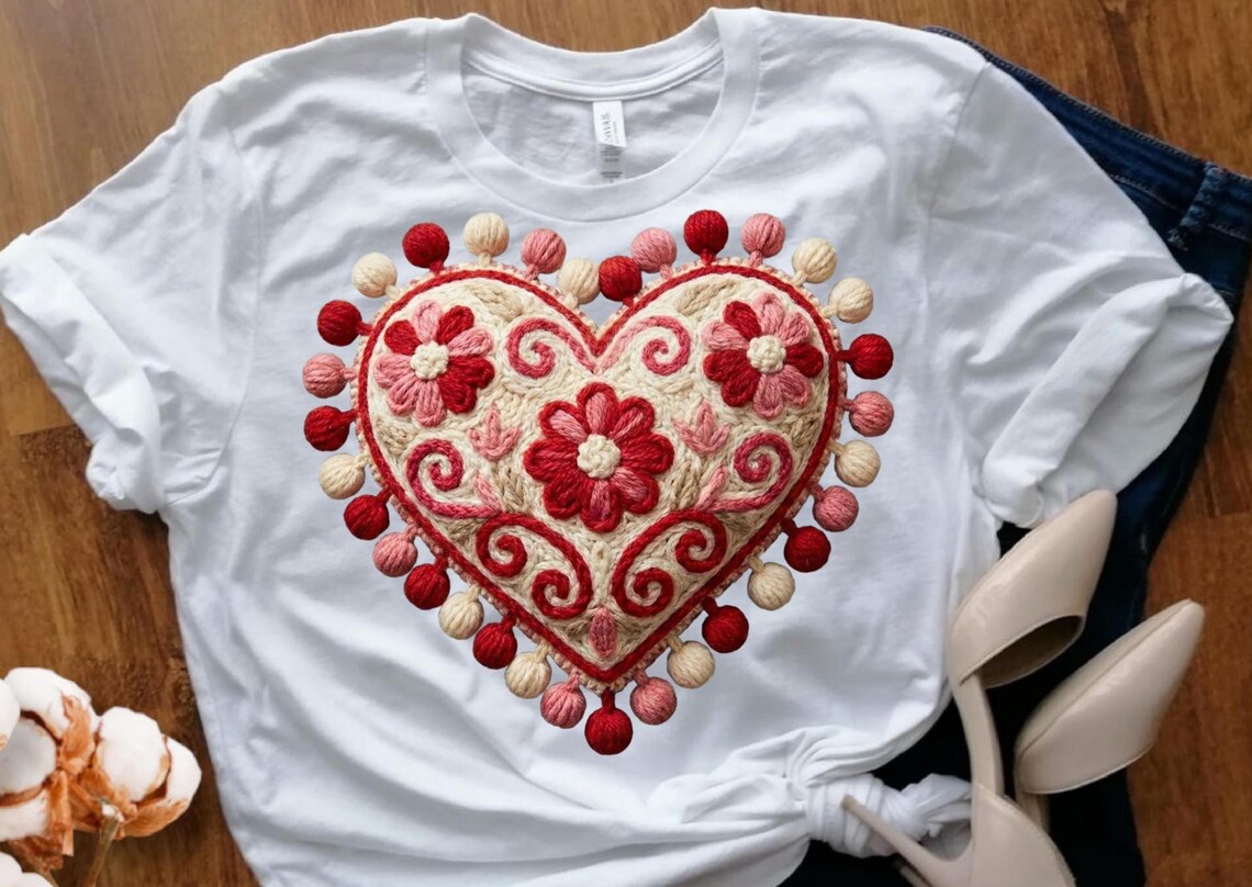 Embroidered Heart PNG, Valentine Folk Art Heart Clipart, Pom Pom Fringe ...
