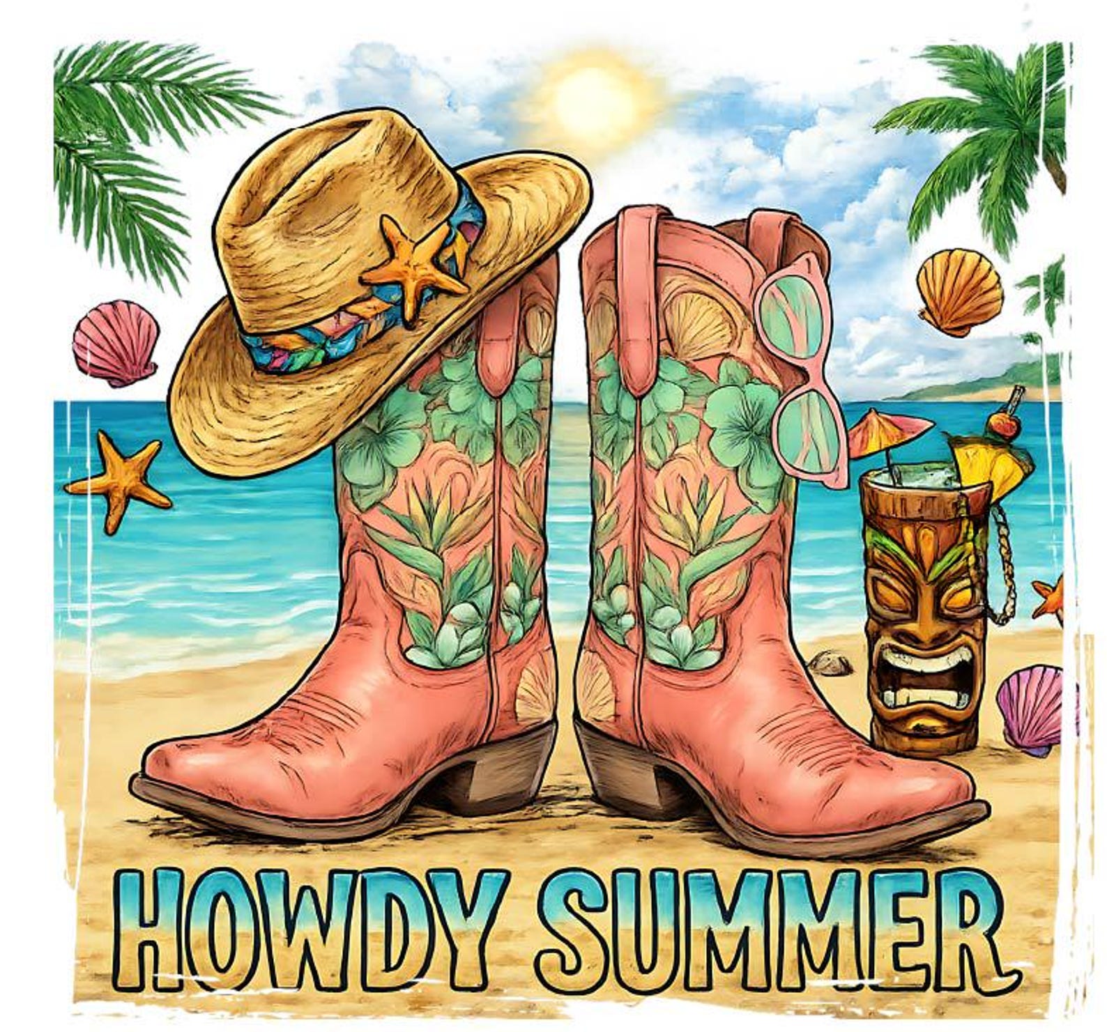 Howdy Summer Coastal Cowgirl PNG - Pink Cowboy Boots & Beach Hat ...