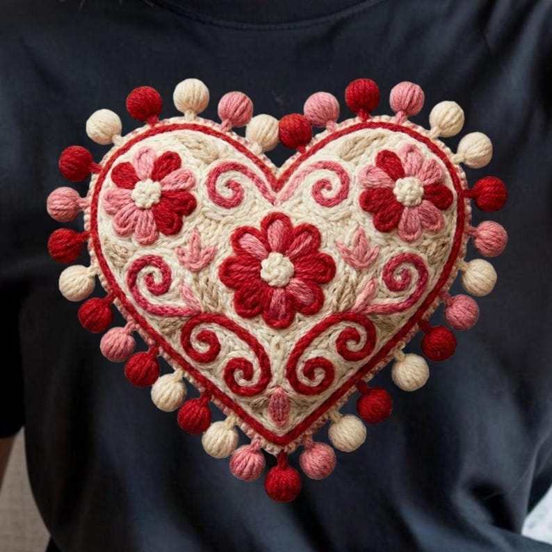 Embroidered Heart PNG, Valentine Folk Art Heart Clipart, Pom Pom Fringe ...