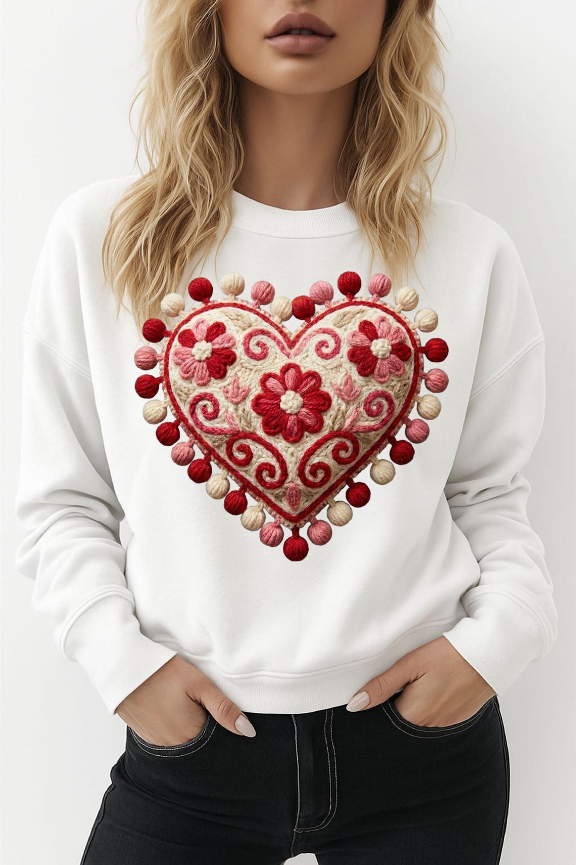 Embroidered Heart PNG, Valentine Folk Art Heart Clipart, Pom Pom Fringe ...