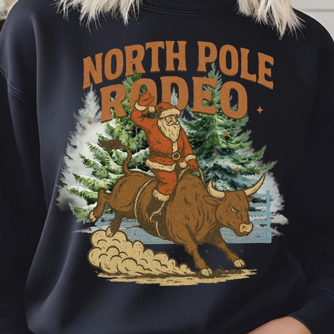 North Pole Rodeo - Santa Riding A Bull - Pine Trees Vintage Retro PNG ...