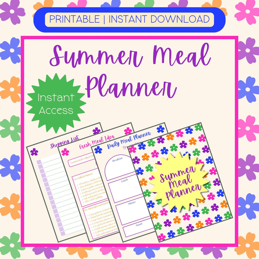 Printable Summer Meal Planner: Weekly Tracker, Grocery List (digital ...