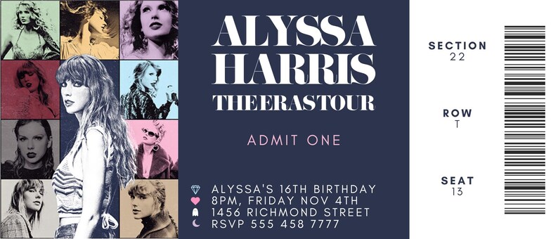 Editable Taylor Swift Eras Tour Ticket-themed Birthday Party ...