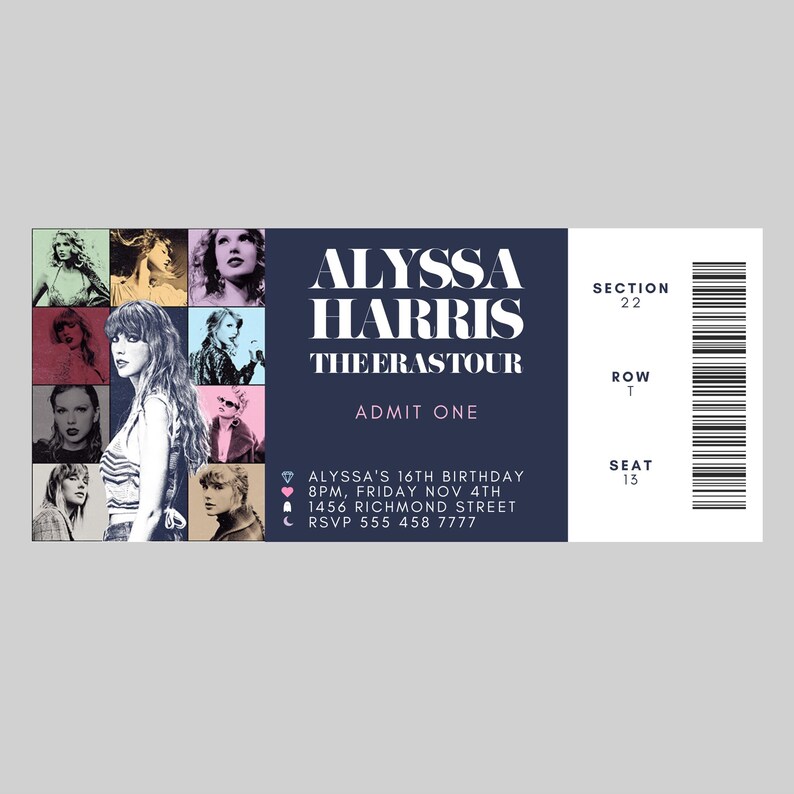 Editable Taylor Swift Eras Tour Ticket-themed Birthday Party ...