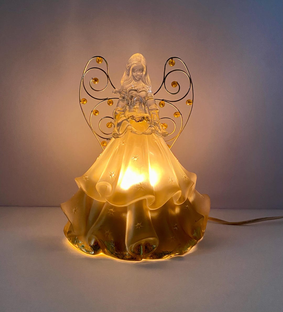 Vintage 1980’s Electric Lighted Angel Figurine Clear Gold Tone Beaded ...