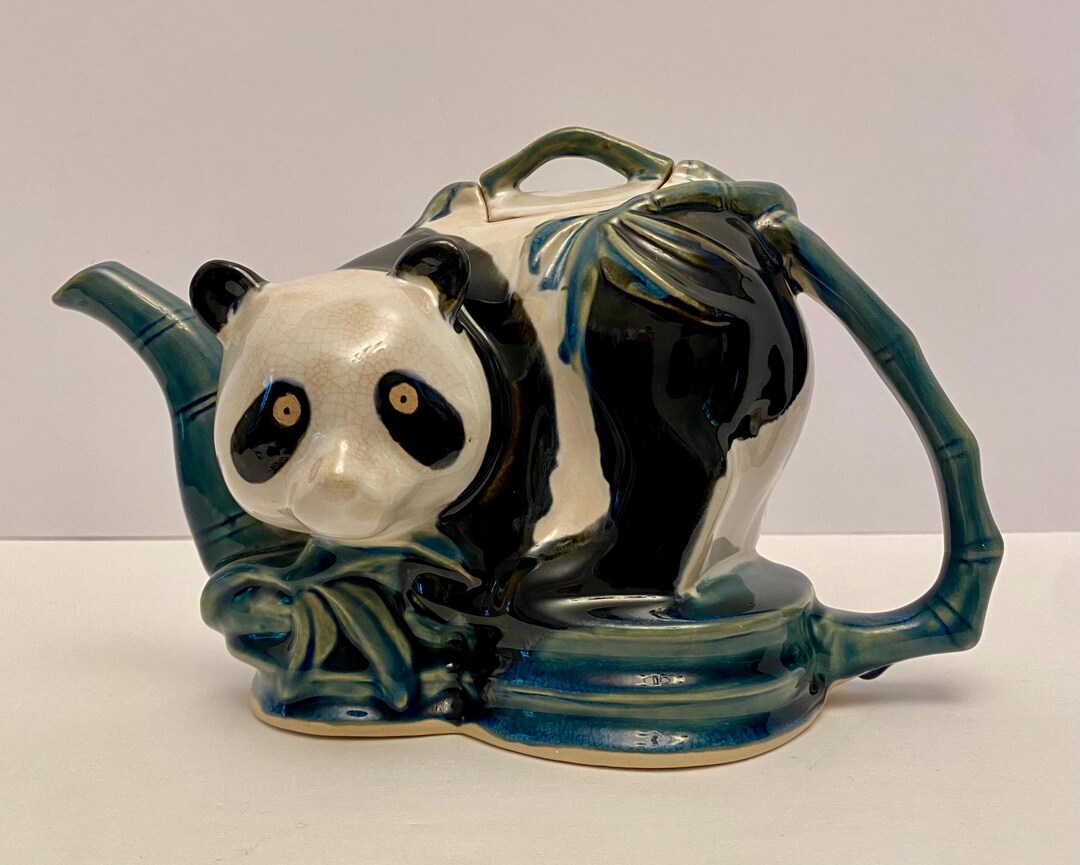 Mid Century Japanese Porcelain Panda Teapot With Green Bamboo Handle ...