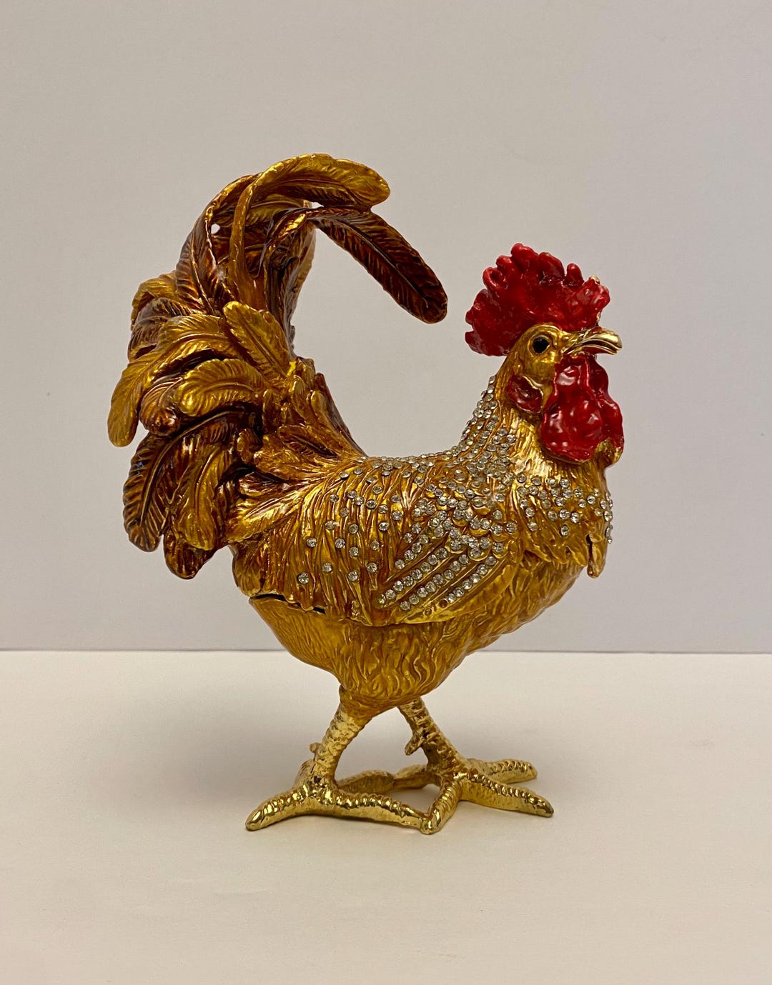 Vintage 7.5” Tall Enameled Pewter Austrian Crystals Rooster Trinket Box ...