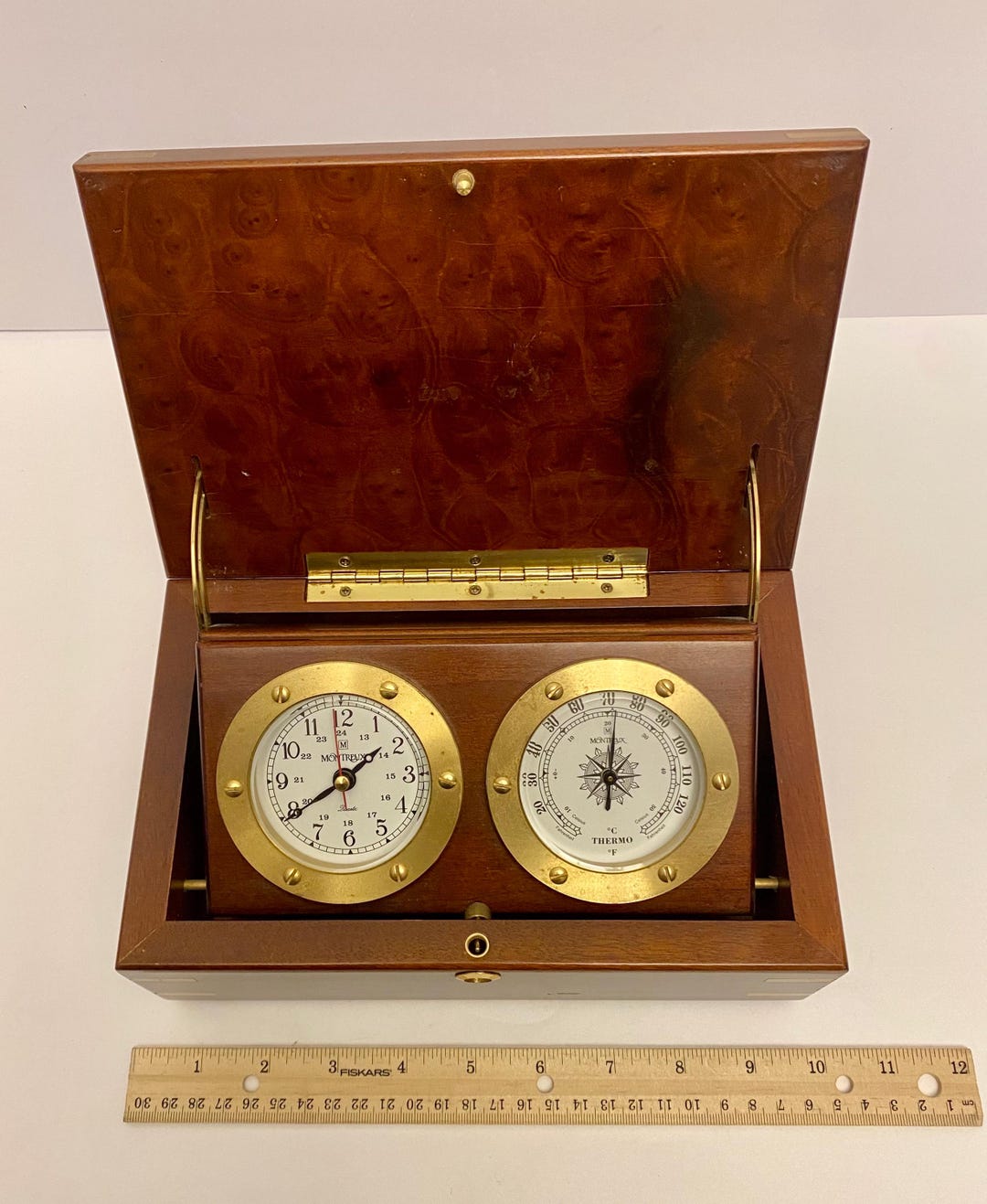 Vintage Montreux Clock Thermometer Wood Brass Box Desk Set Mantel ...