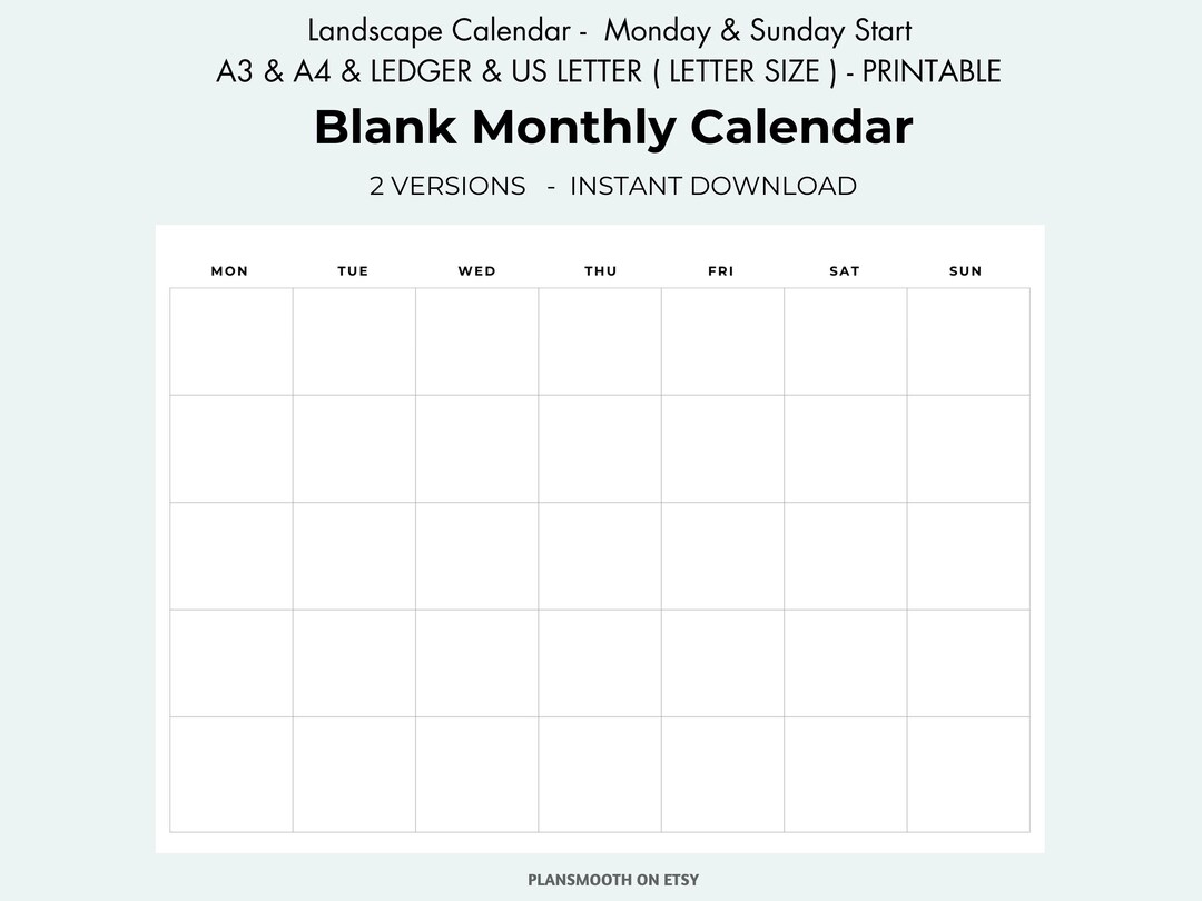 Blank Monthly Calendar Printable–minimalist Landscape Template, Perfect ...