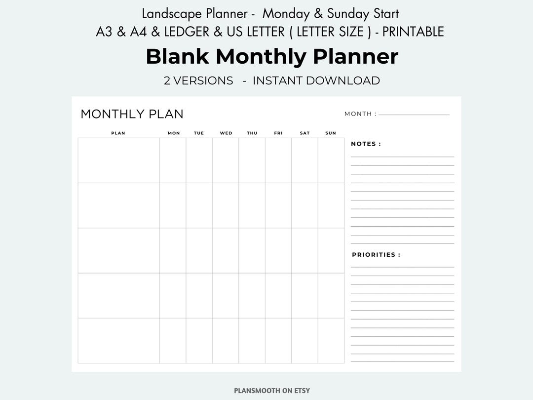Blank Monthly Planner Printable: Landscape A3 A4 Letter (PDF Download ...