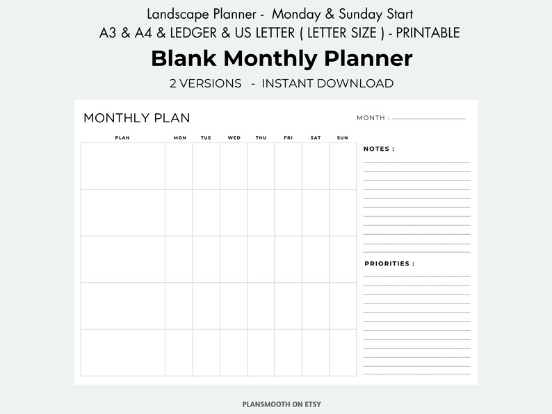 Blank Monthly Planner Printable: Landscape A3 A4 Letter (PDF Download ...