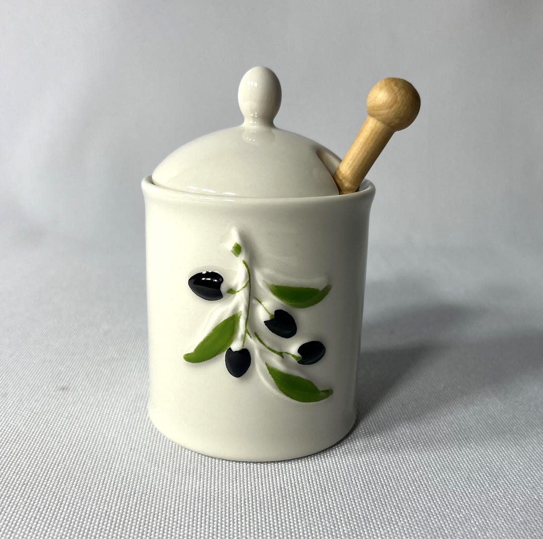 Hand Painted Ceramic Olive Jar With Lid and Spoon - Mediterranean ...