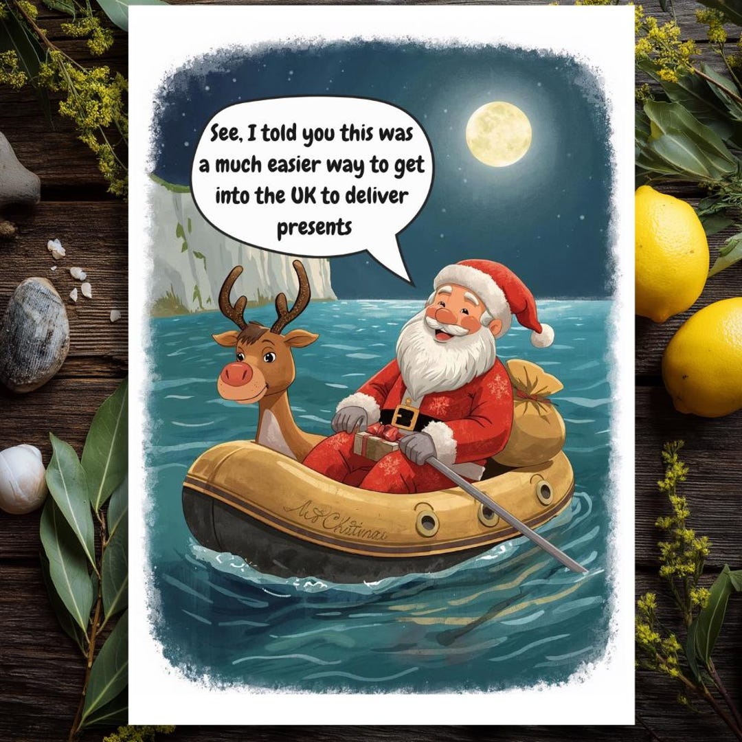 Funny Christmas Card Nigel Farage Santa Small Boat Satire - UK Politics ...