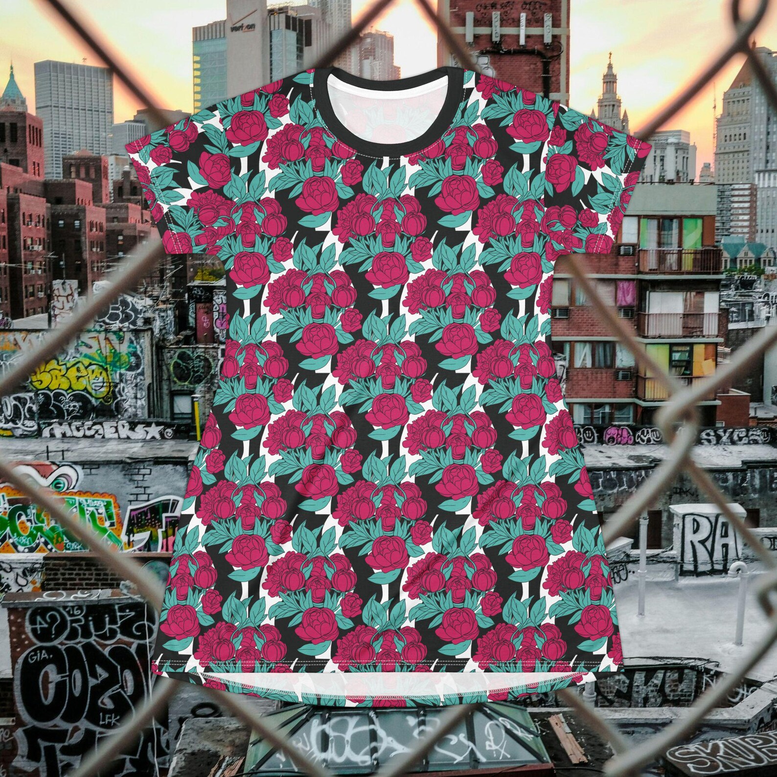 Bright Pink Peonies Boho Vintage Floral T-shirt Dress, Colorful Flower ...