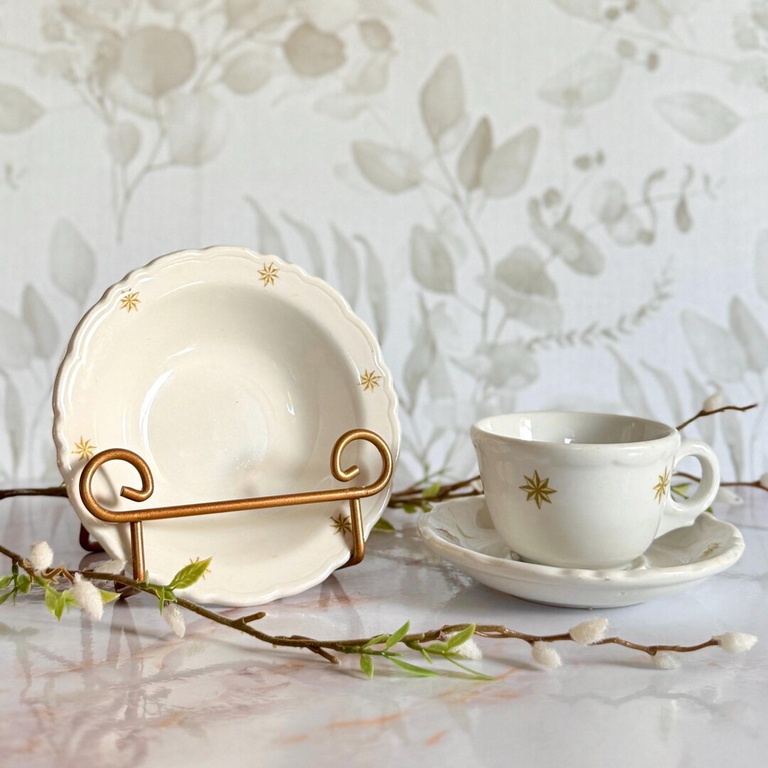 Vintage MCM Cream Color Ceramic Gold Star Pattern Cup and Saucer Set ...