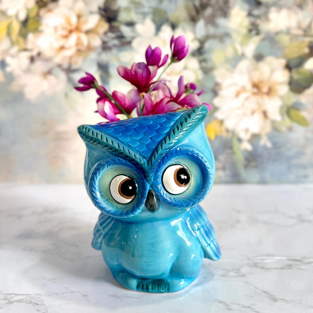 Vintage Retro Style Ceramic Blue Owl Bank - Removable Rubber Plug - Etsy