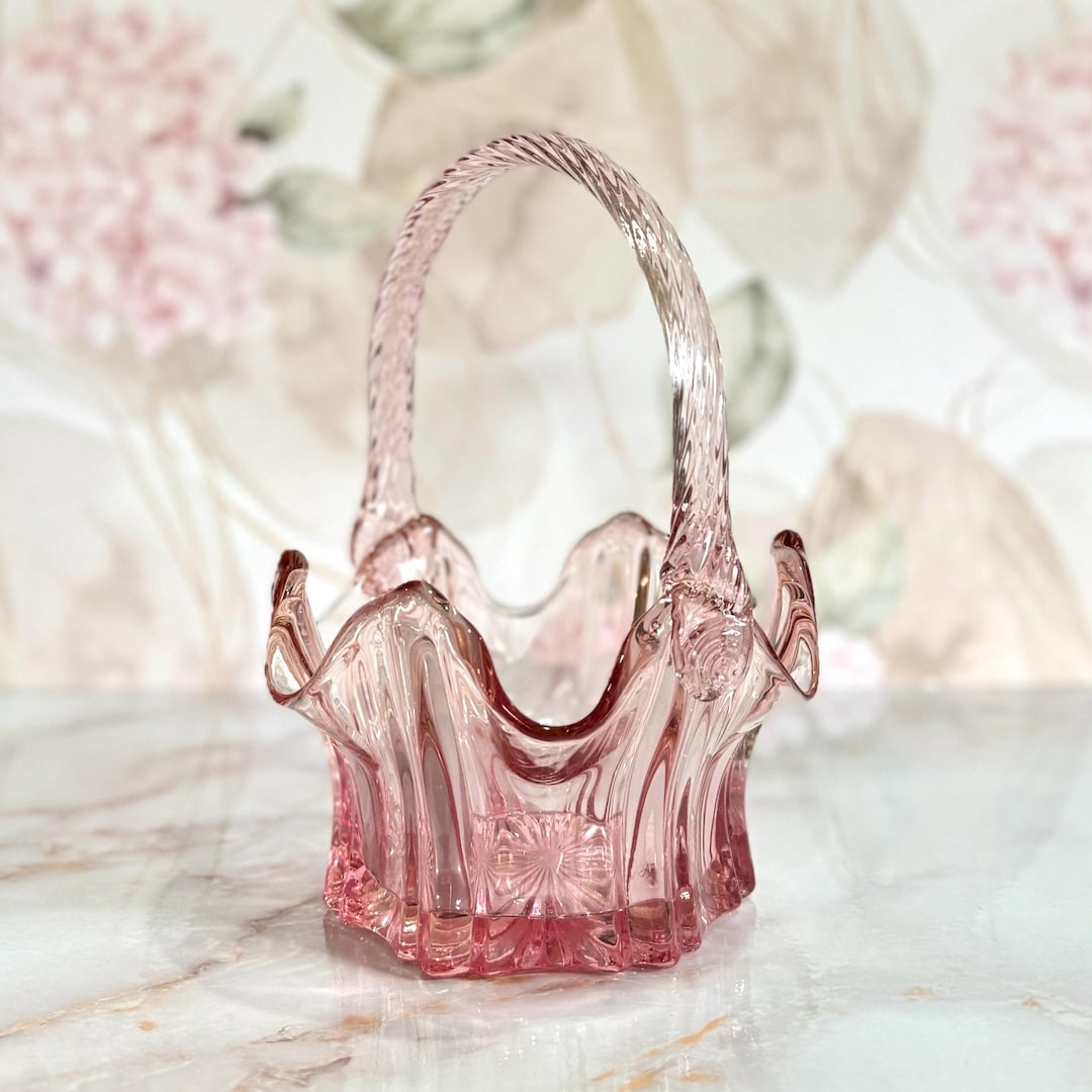 Fenton 1990’s Vintage Vulcan Pink Ruffled Basket With Twisted Handle ...