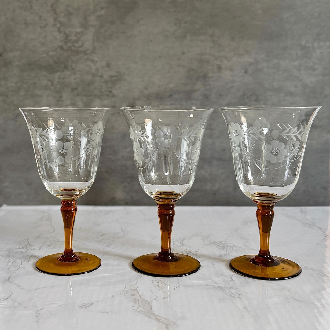 Rare Antique 1920s Dorflinger Amber Stem Etched Flowers Wine Glasses ...