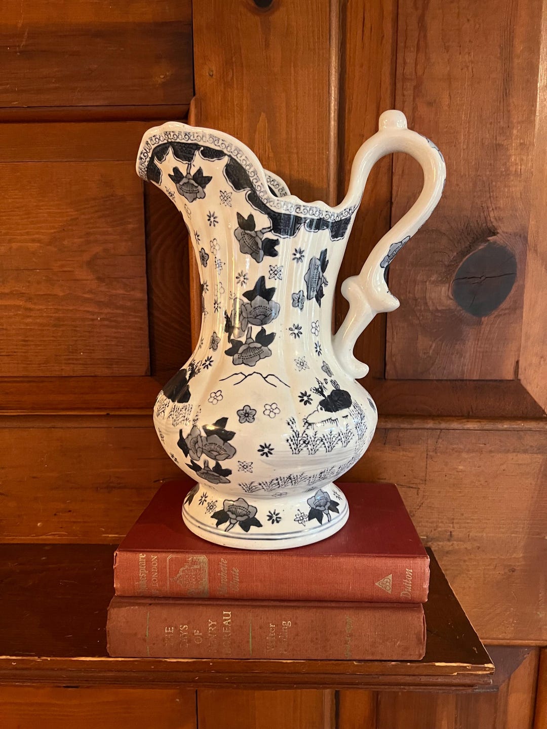 Vintage Blue and White Floral Ceramic Pitcher Large Decorative Water ...