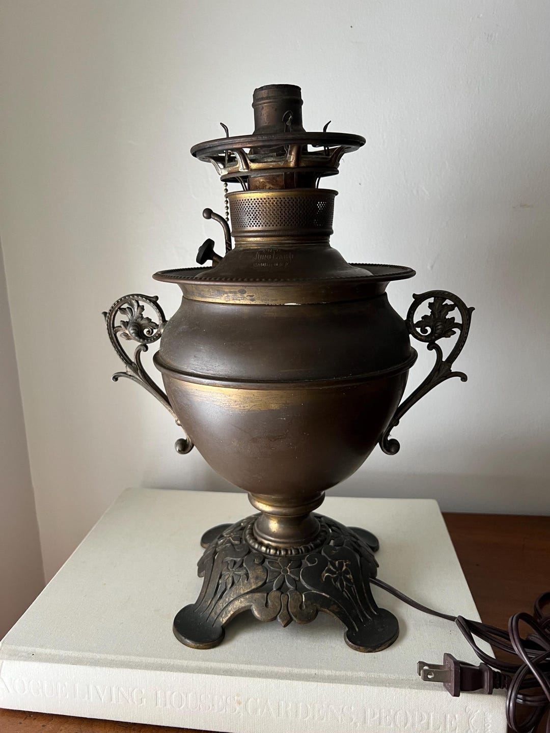 Antique Electrified Brass Oil Lamp | Miller Burner, Floral Base - Etsy