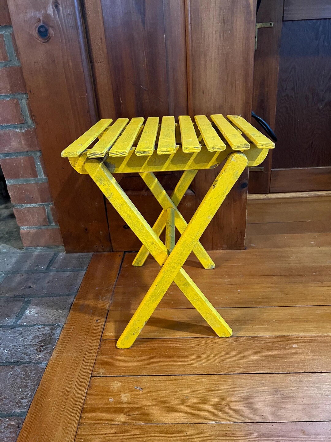 Vintage Yellow Folding Wooden Stool – Rustic Painted Side Table or ...