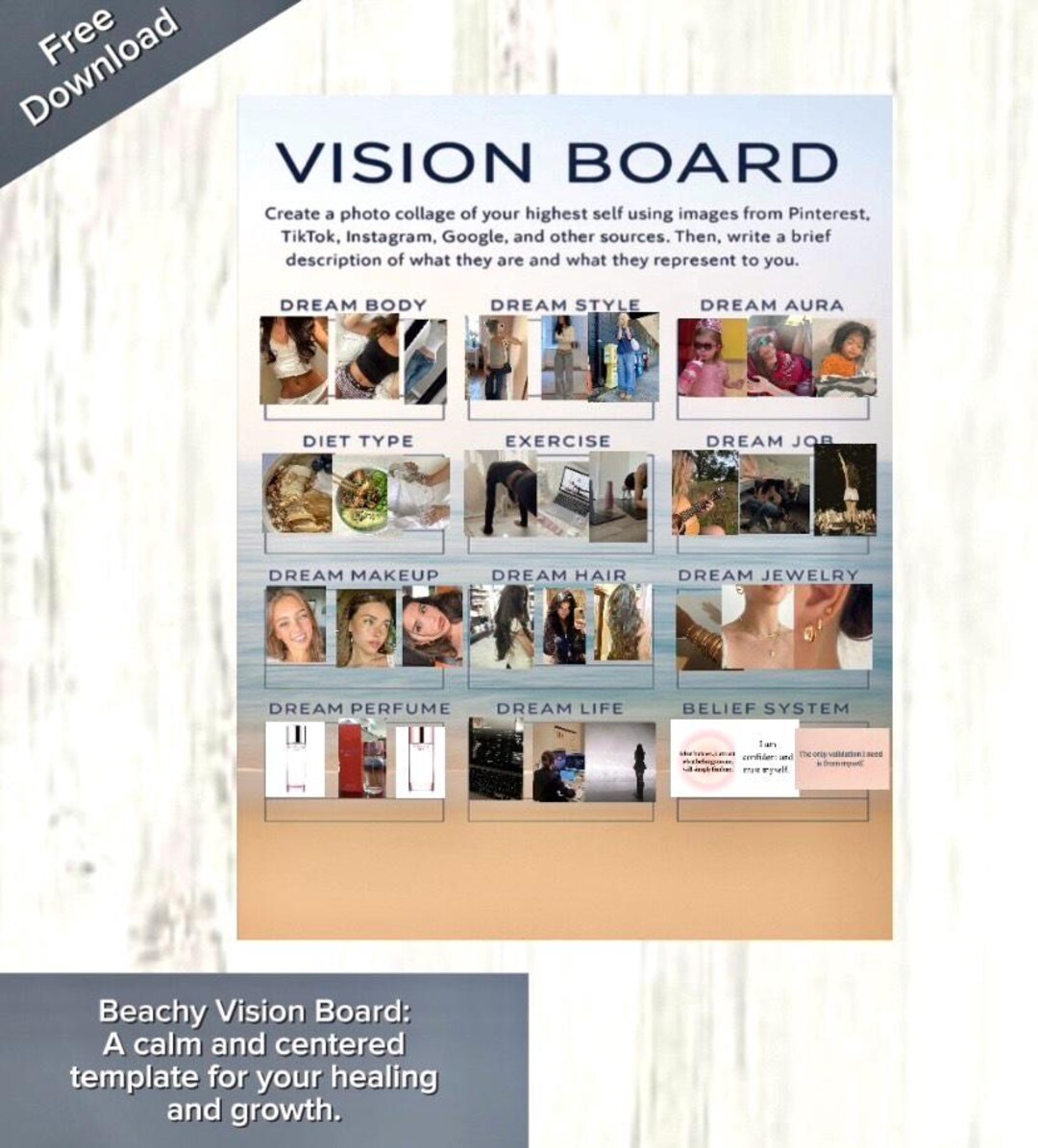 Beachy Vision Board Template | Printable Vision Board for Manifestation ...