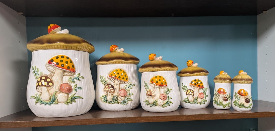 4 Piece Merry Mushroom Canister Set & 2 Piece Salt and Pepper Shakers ...