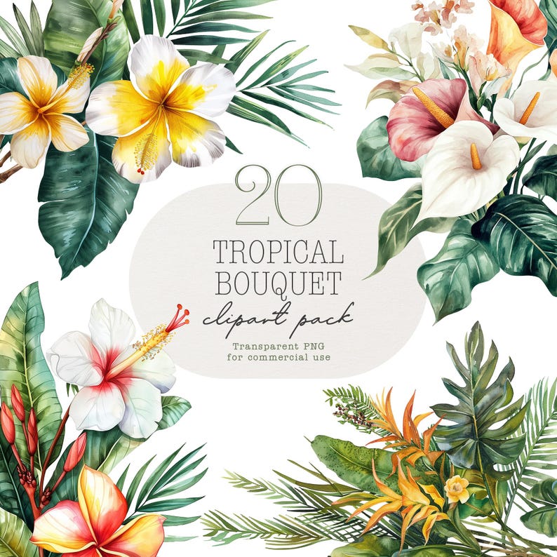 Tropical Watercolor Floral Clipart - Hibiscus and Exotic Summer Flowers ...