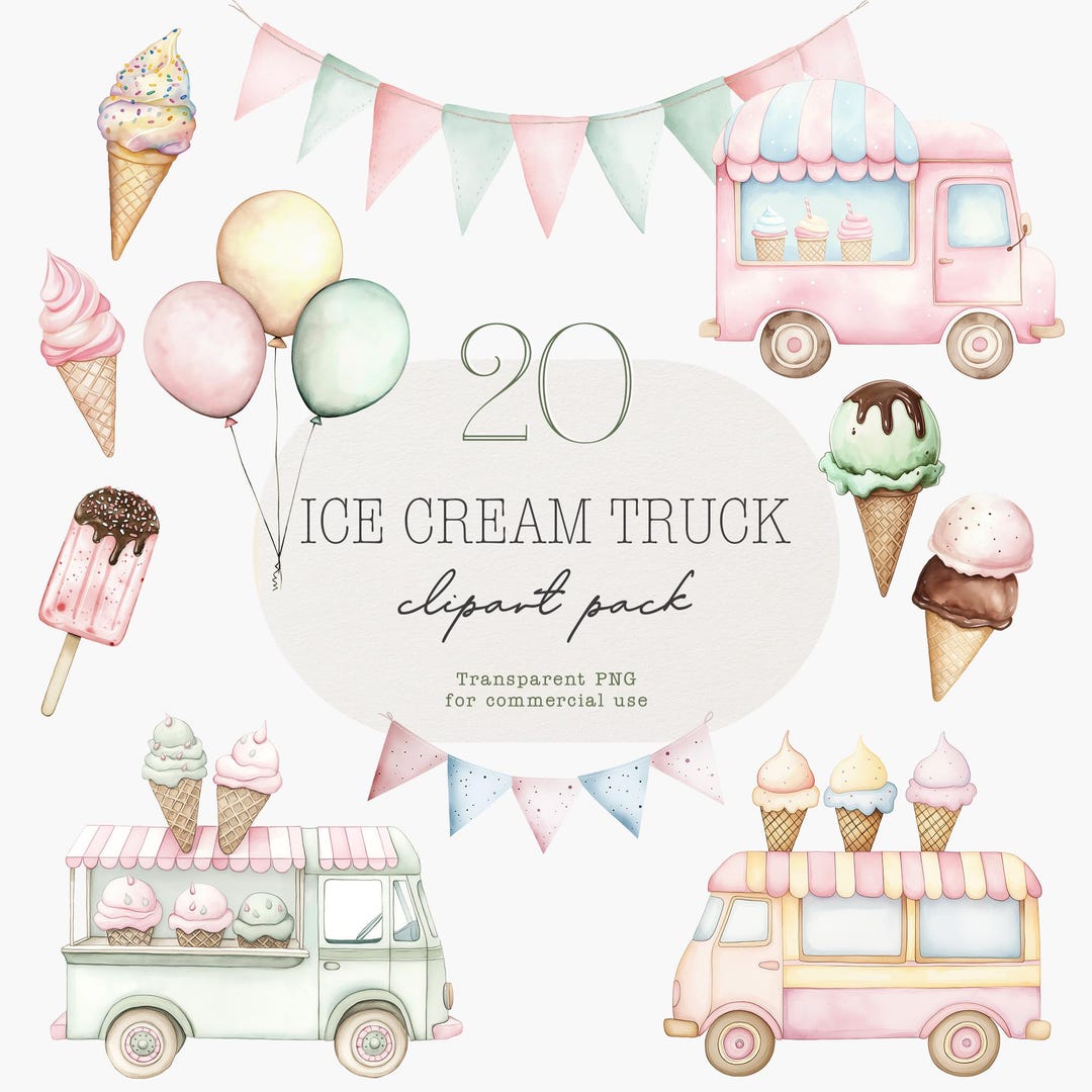 Ice Cream Truck Clipart Bundle: Summer Birthday Party PNG (commercial ...