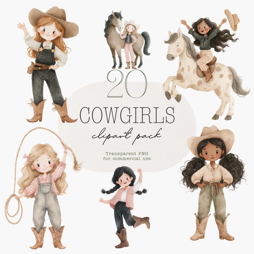 Cowgirl Clipart Set: Wild West Graphics, Horse PNG (digital Download ...