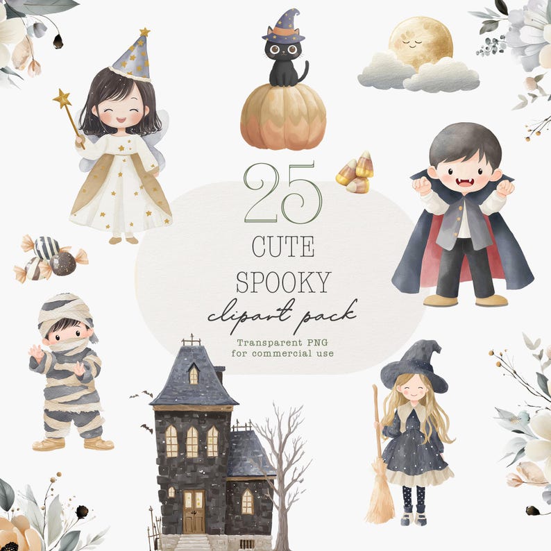 Cute Spooky Clipart, Watercolor Cute Halloween Clipart Bundle, Neutral ...