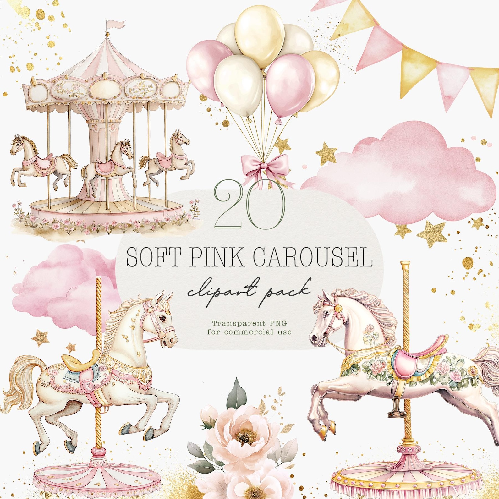 Watercolor Carousel Clipart, Pink Nursery Decor (PNG Digital Download ...