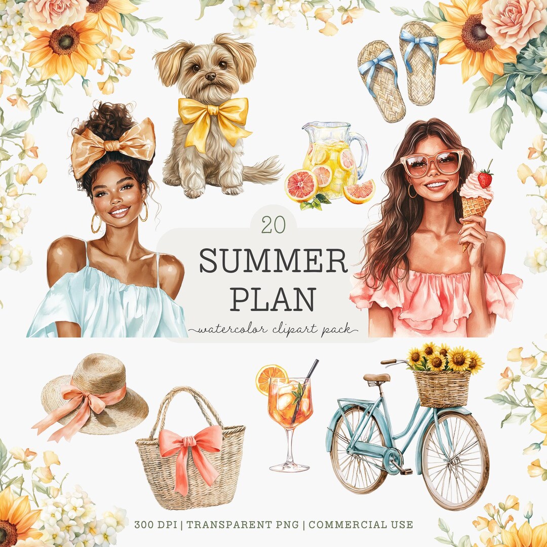 Watercolor Summer Clipart Bundle, Retro Beach Graphics (PNG, Digital ...
