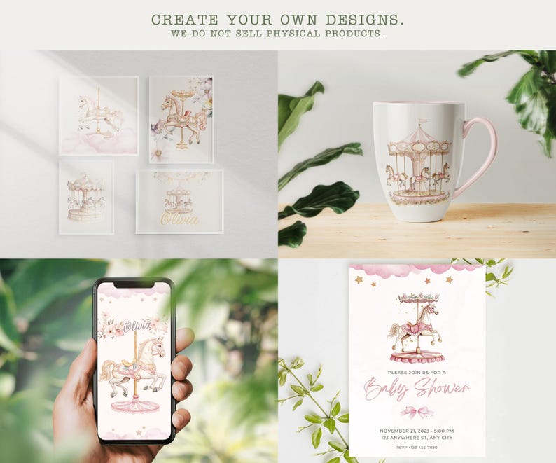 Watercolor Carousel Clipart, Pink Nursery Decor (PNG Digital Download ...