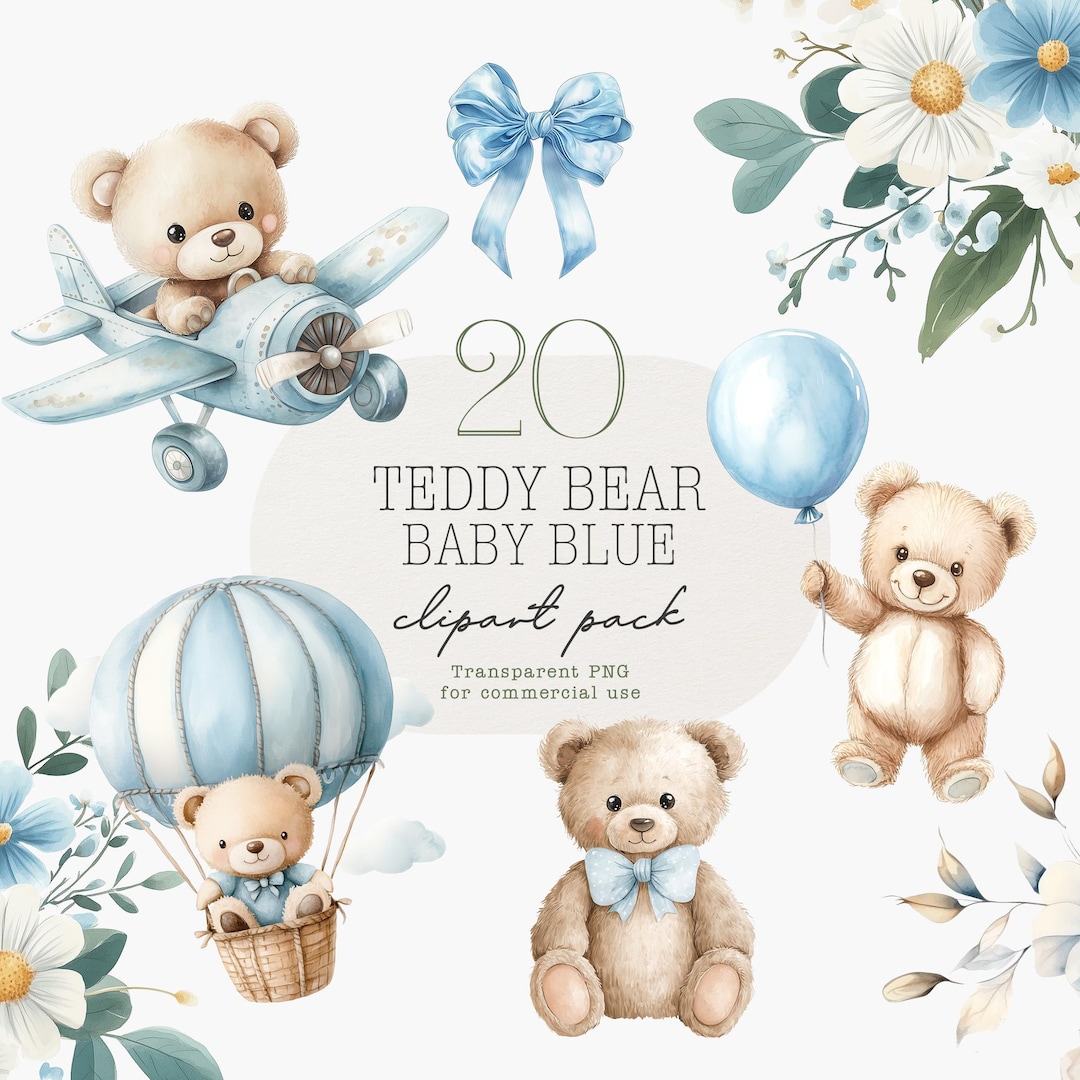 Teddy Bear Clipart Watercolor Baby Blue Boy Teddy Bear Nursery Art Baby ...