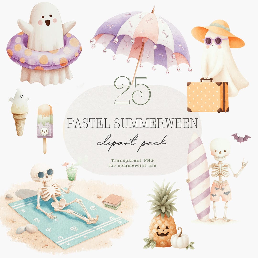 Summerween Clipart, Pastel Ghost, Halloween, Watercolor Clipart, Summer ...