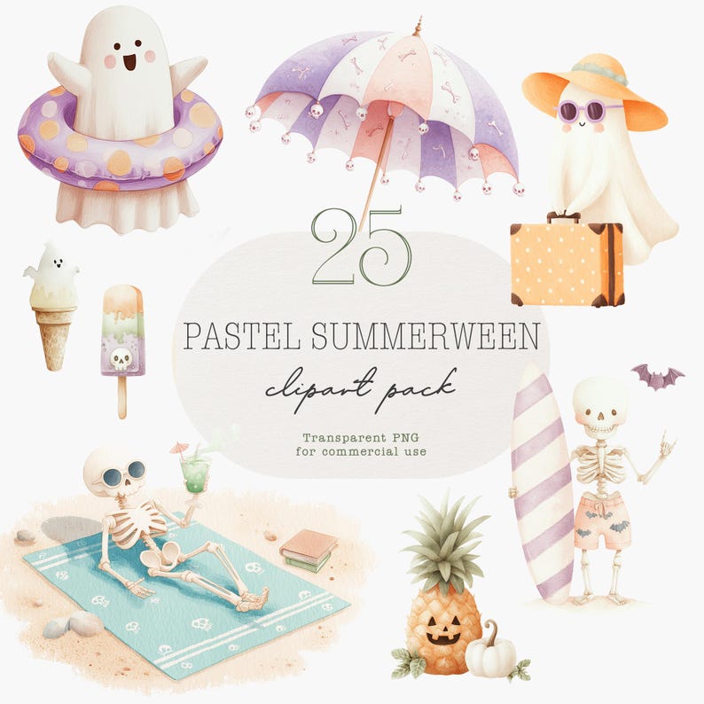 Summerween Clipart, Pastel Ghost, Halloween, Watercolor Clipart, Summer ...