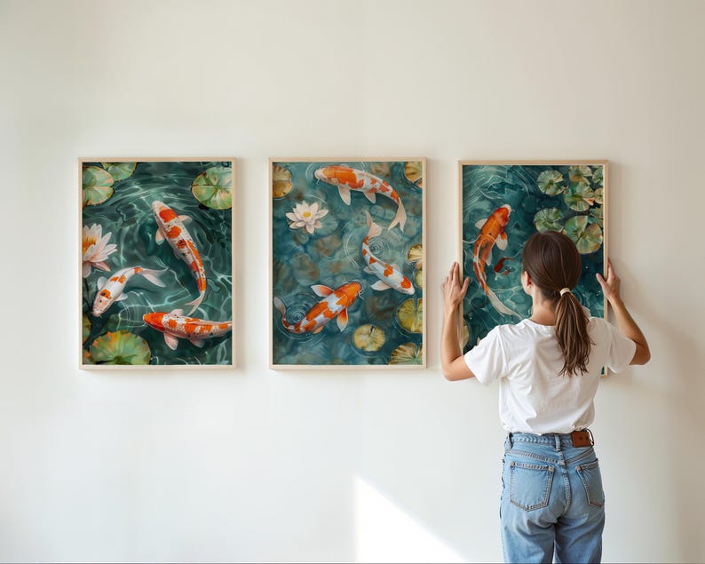 Koi Pond Triptych Wall Art, Japanese Koi Print, Zen Wall Art, Asian Koi ...