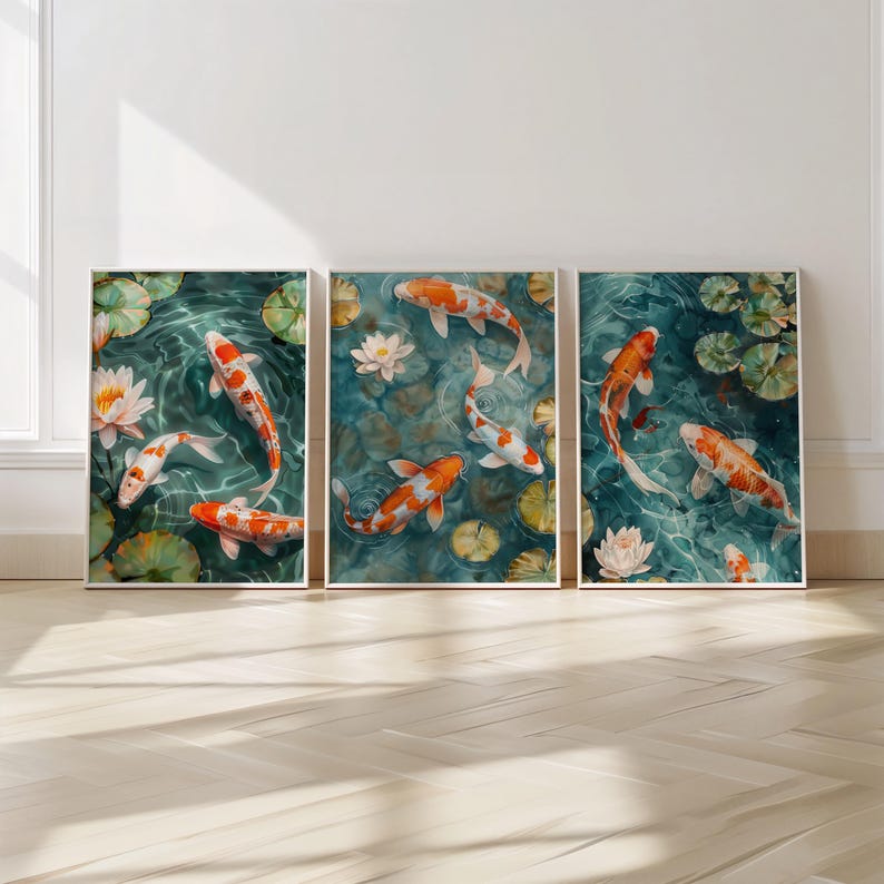 Koi Pond Triptych Wall Art, Japanese Koi Print, Zen Wall Art, Asian Koi ...
