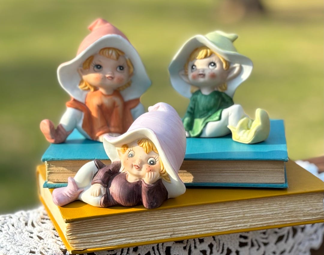 Vintage Homco 5213 Set of 3 Pixie Elf Fairies Porcelain Figurines Shelf ...