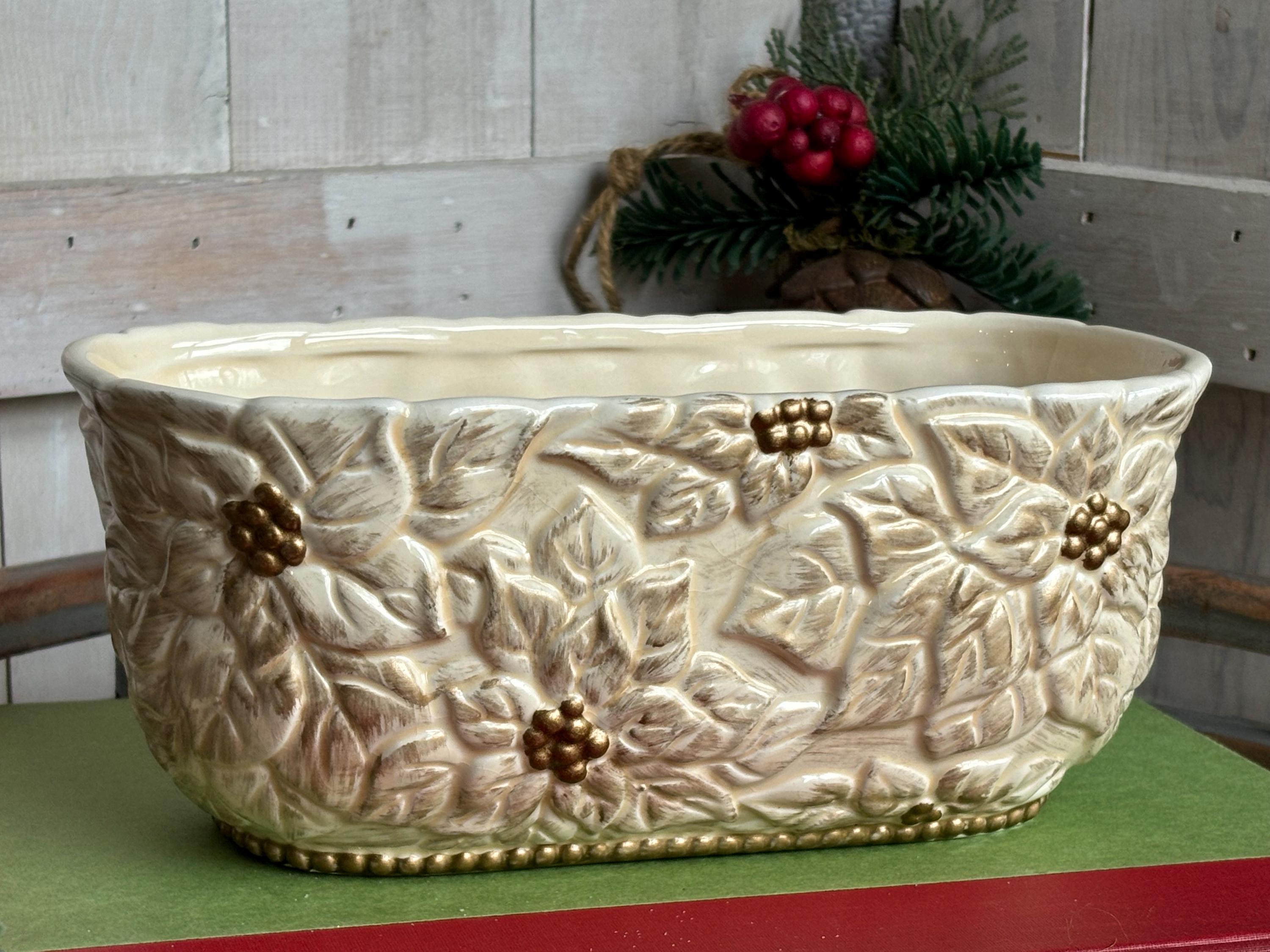 Vintage FTD Ceramic Embossed Brushed Gold Poinsettia Holiday Planter - Etsy