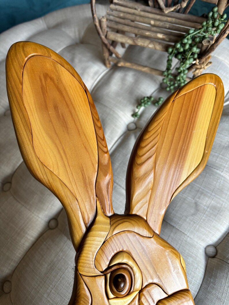 Vintage Intarsia Wood Inlay Jack Rabbit Bunny Easter Spring Carved Art ...