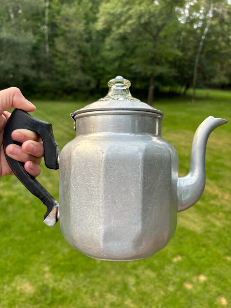 Vintage Mirro Pyrex Aluminum Coffee Pot Tea Pot Wood Handle Kitchen ...