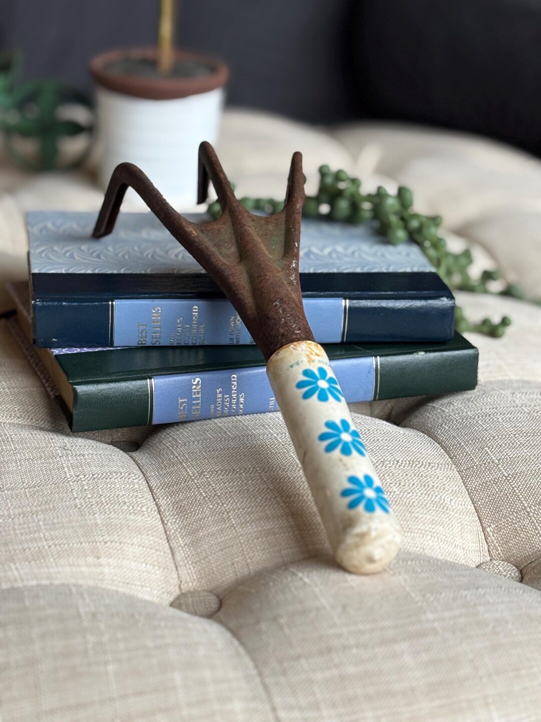 Vintage Rusty Chippy Garden Tool Fork Digger Blue Flower Handle Made in ...