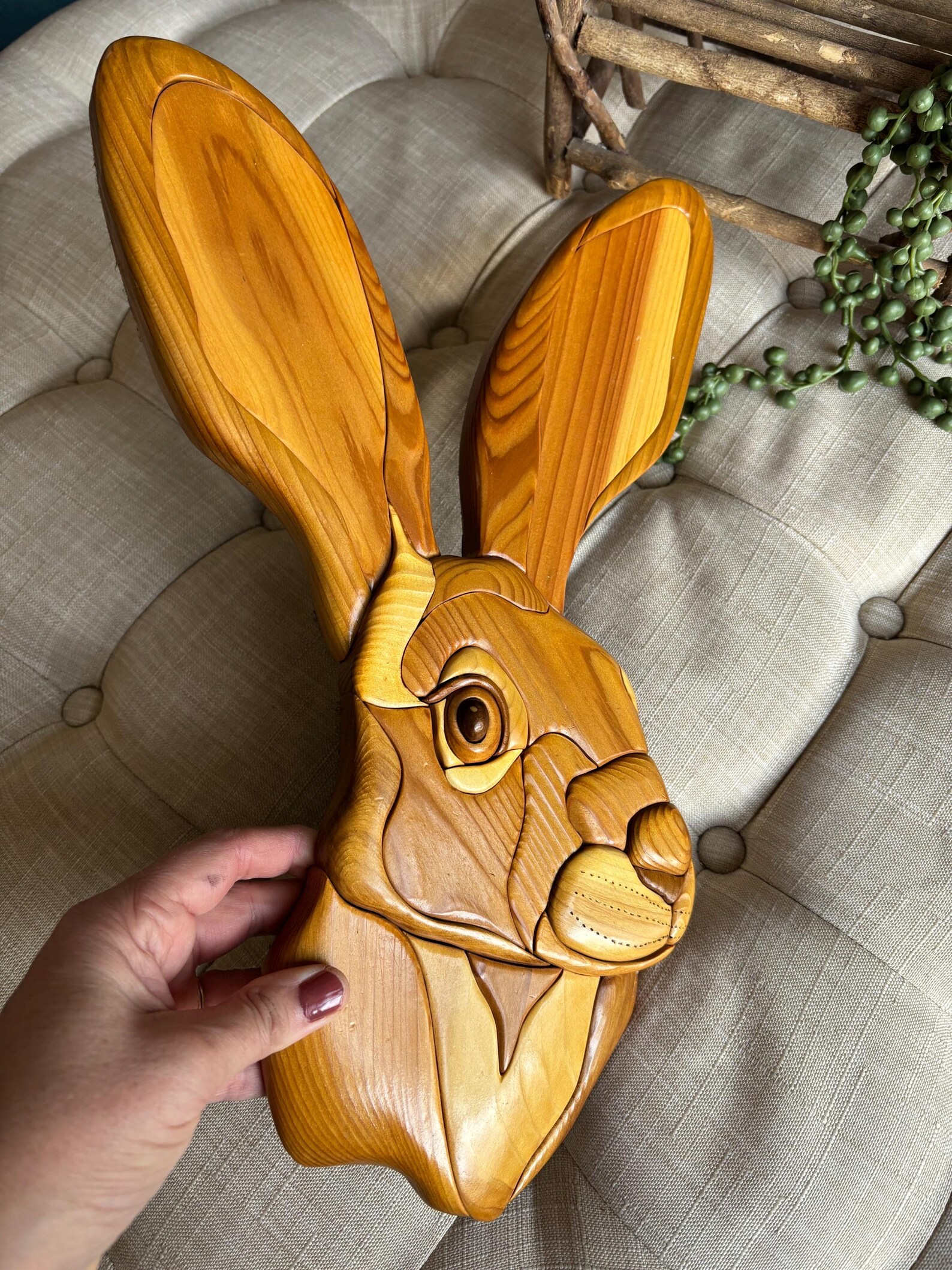 Vintage Intarsia Wood Inlay Jack Rabbit Bunny Easter Spring Carved Art ...